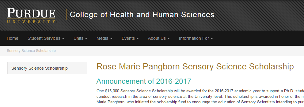 Purdue University Rose Marie Pangborn Sensory Science Scholarship, USA