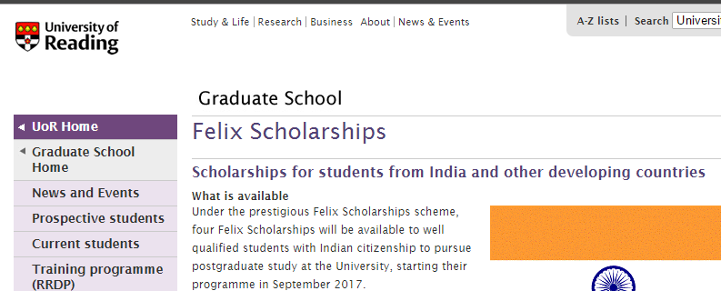 University of Reading Felix Scholarships for Developing Countries, UK