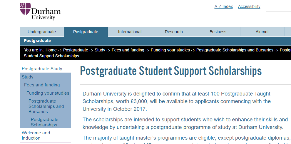 Durham University Postgraduate Student Support Scholarships 2017, UK