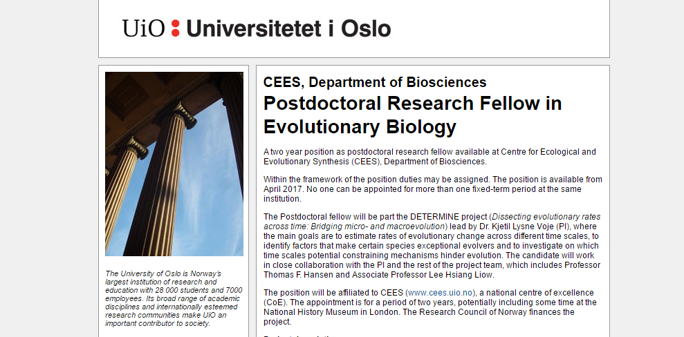 University of Oslo Postdoctoral Research Fellow in Evolutionary Biology ...