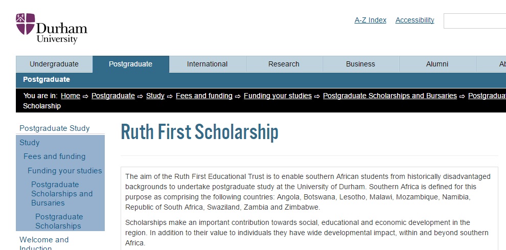 Durham University Ruth First Scholarship 2017, UK