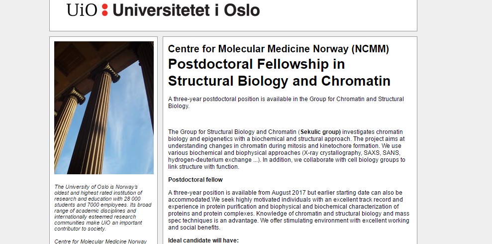 University of Oslo Postdoctoral Fellowship in Structural Biology and ...