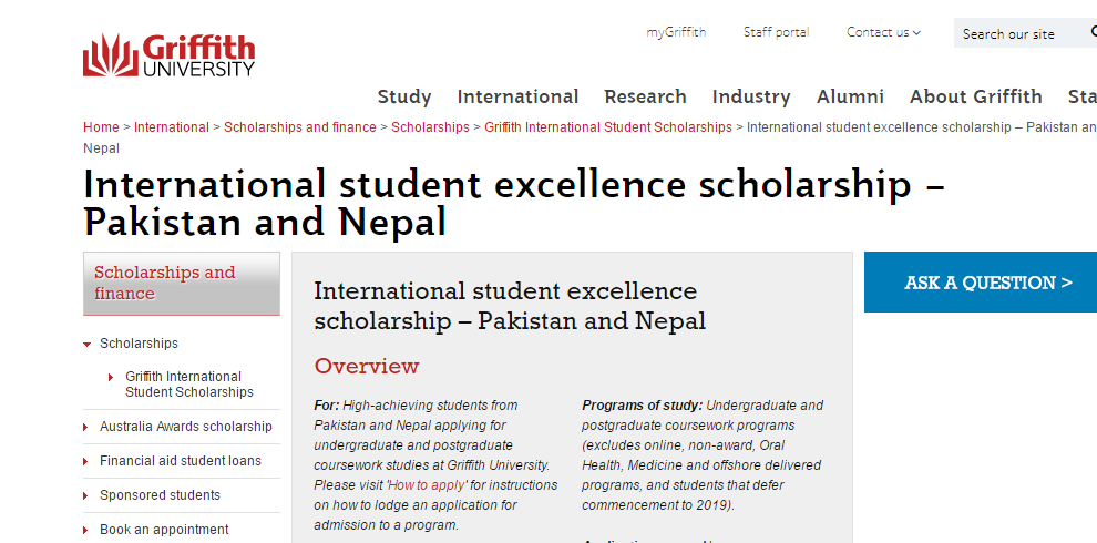 Griffith University International Student Excellence Scholarship – Pakistan and Nepal 2017 ...